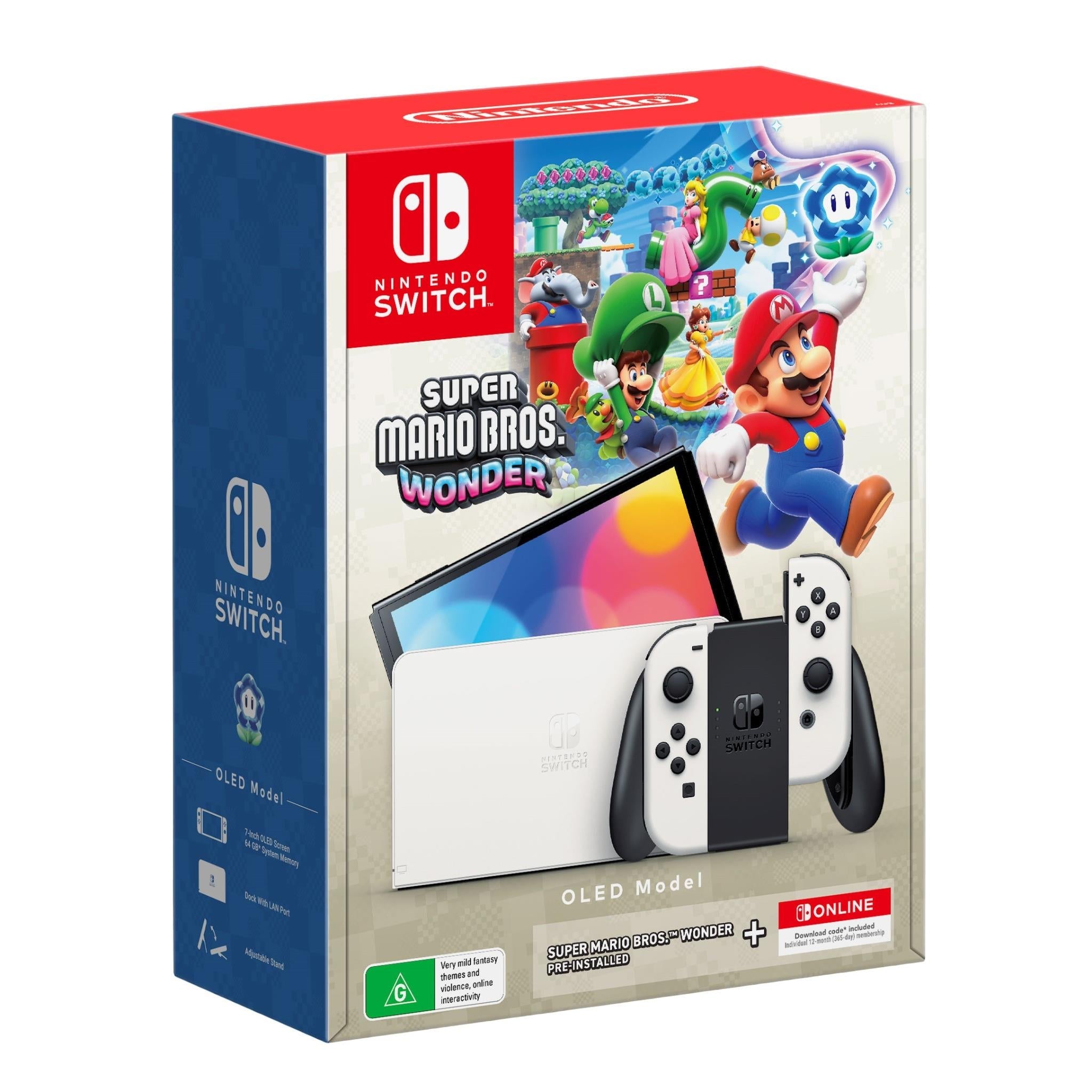 Nintendo Switch Console OLED Model White Super Mario Bros Wonder DLC 12 Month Online Membership Bundle Goldfields Toys Games